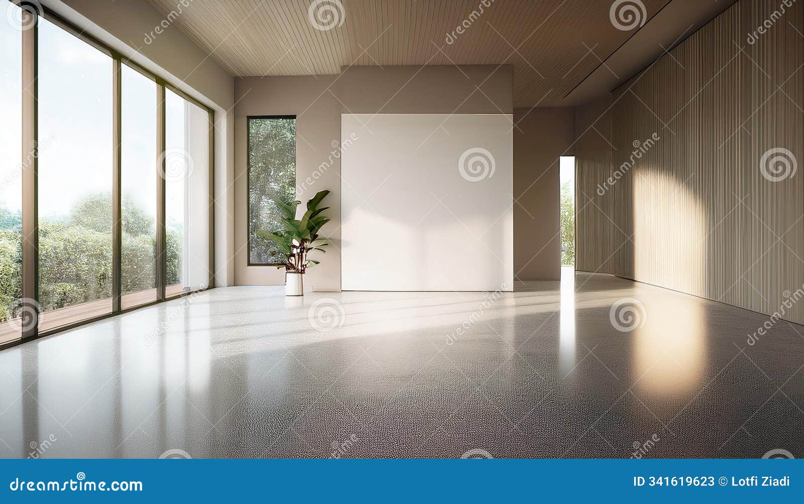 Sunny Spacious Hall Room with Blank Wall, Light Glossy Concrete Floor ...