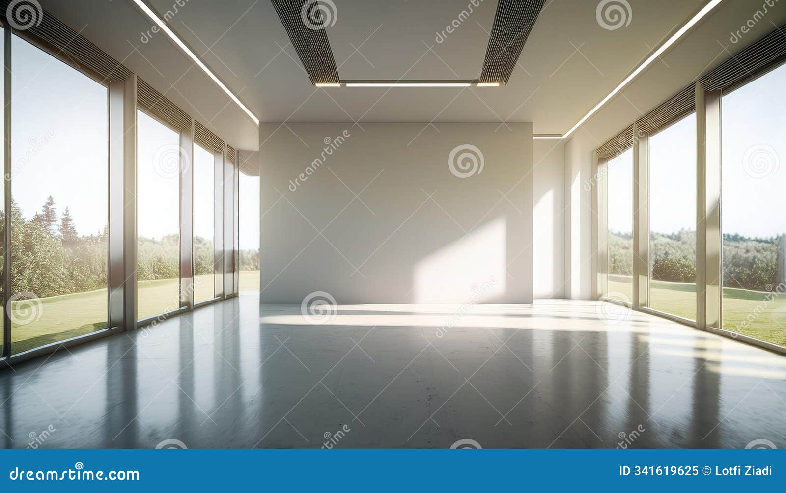 Sunny Spacious Hall Room with Blank Wall, Light Glossy Concrete Floor ...