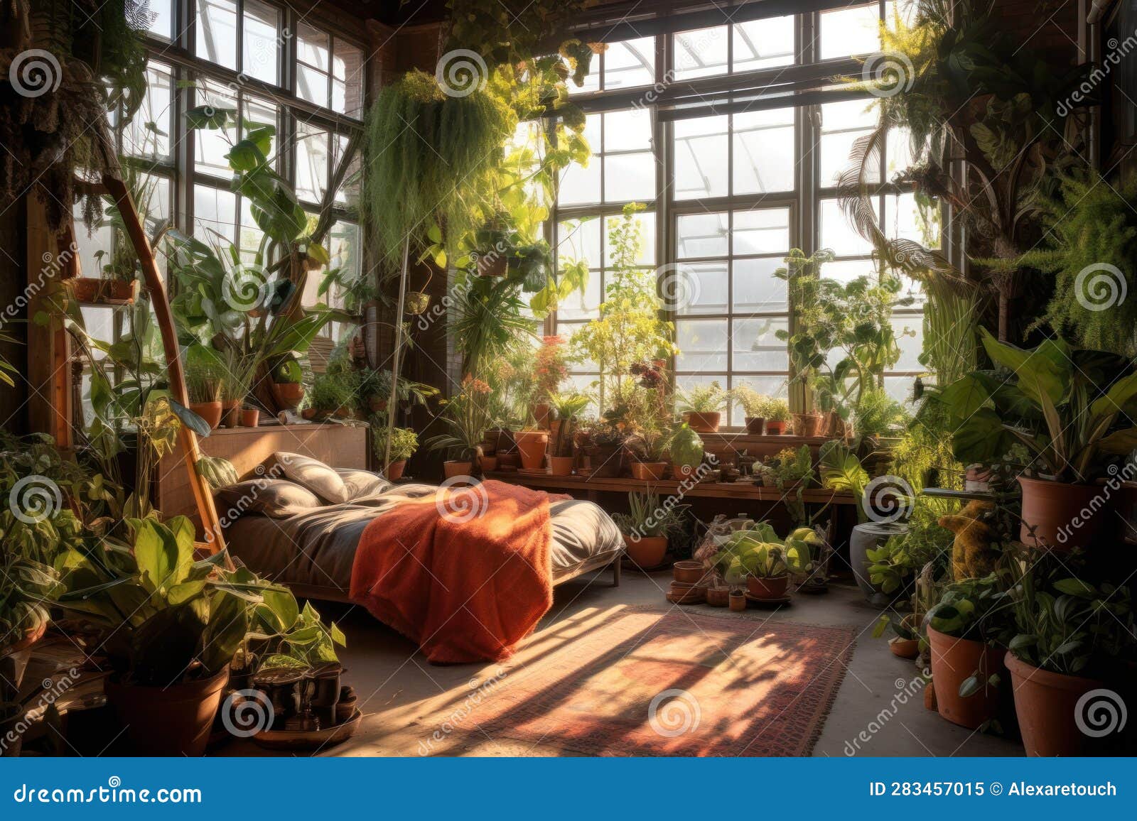 Sunny Spacious Room with High Windows and Lush Greenery Inside. Stock ...