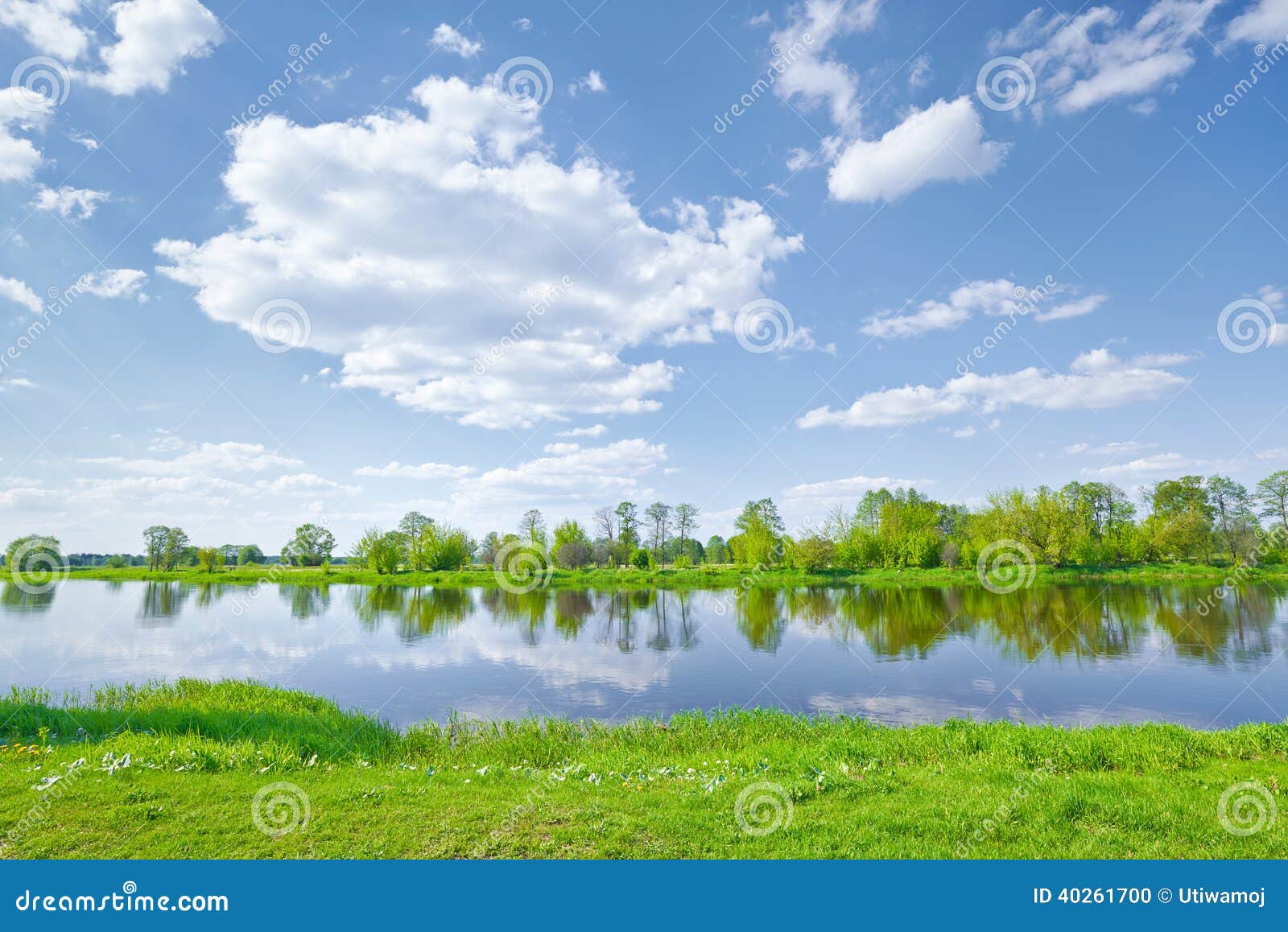 Sunny Spring Landscape Water River Blue Sky Clouds Stock Photo - Image ...