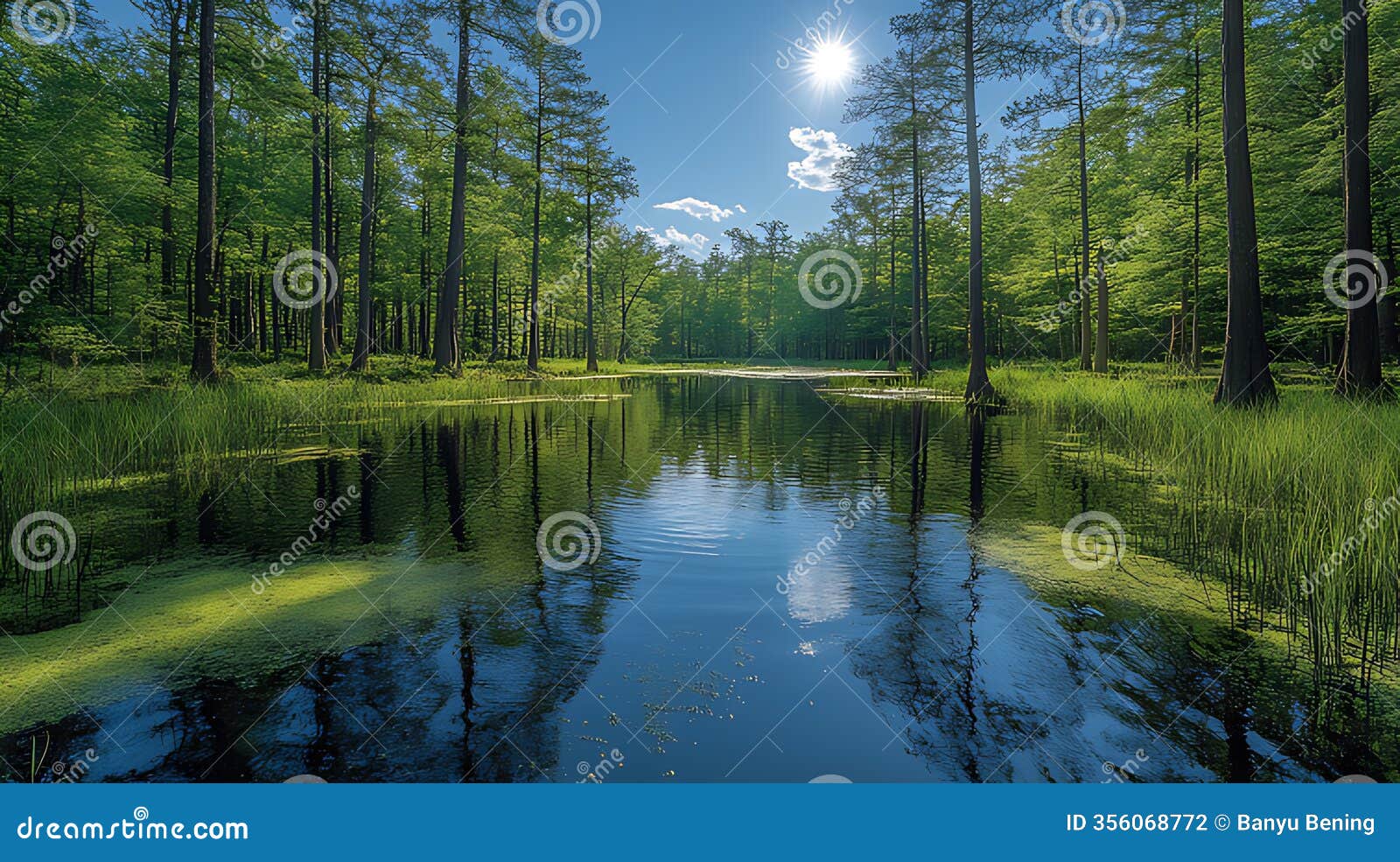 Sunny Swamp Forest Pond Reflection, Tranquil Nature Scene Stock ...