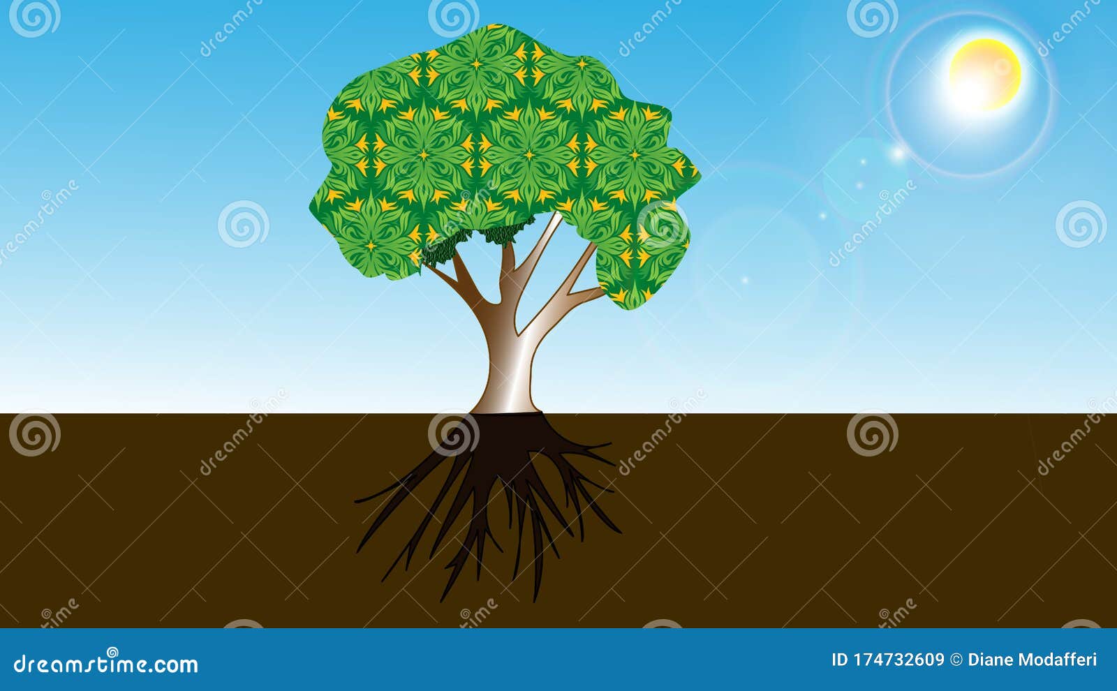 Sunny Tree and Roots Conservation Illustrastion Stock Illustration ...