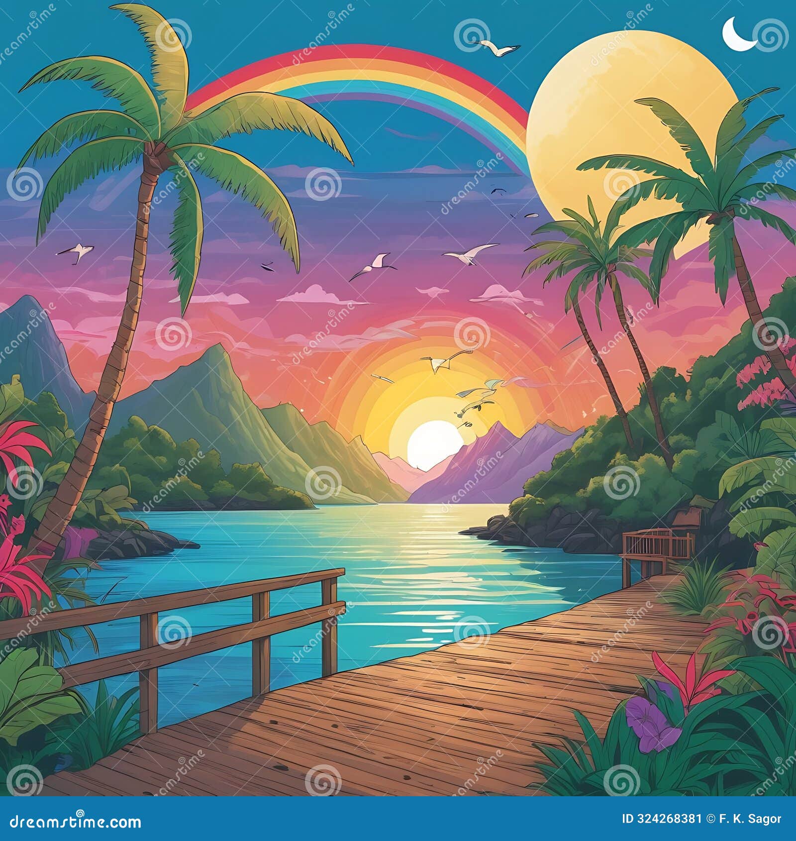 Summer Cartoon Beach Sunset Design Stock Illustration - Illustration of ...