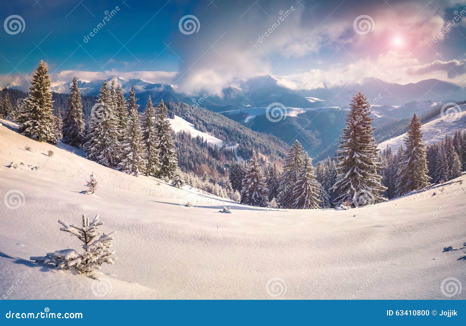 Sunny Winter Morning in Snowy Mountains. Stock Photo - Image of ...