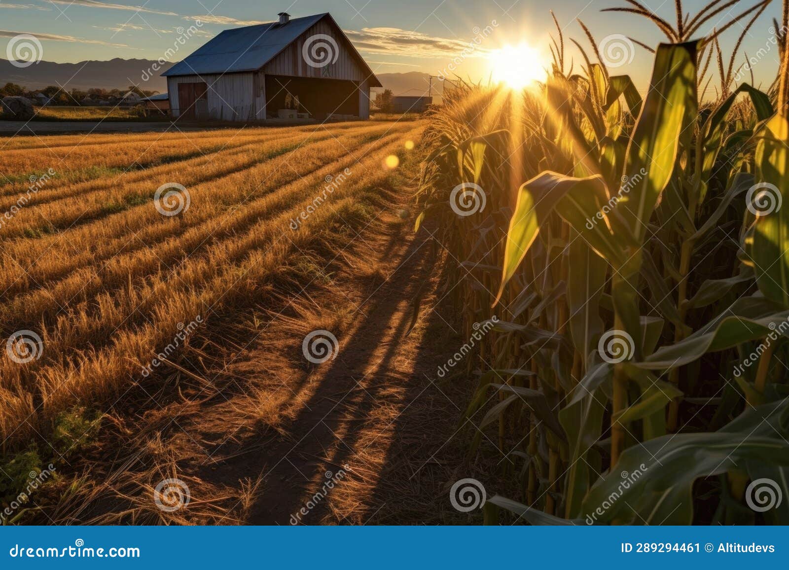 Sunrays Peeping through Corn Rows, Casting Long Shadows Stock Illustration - Illustration of ...