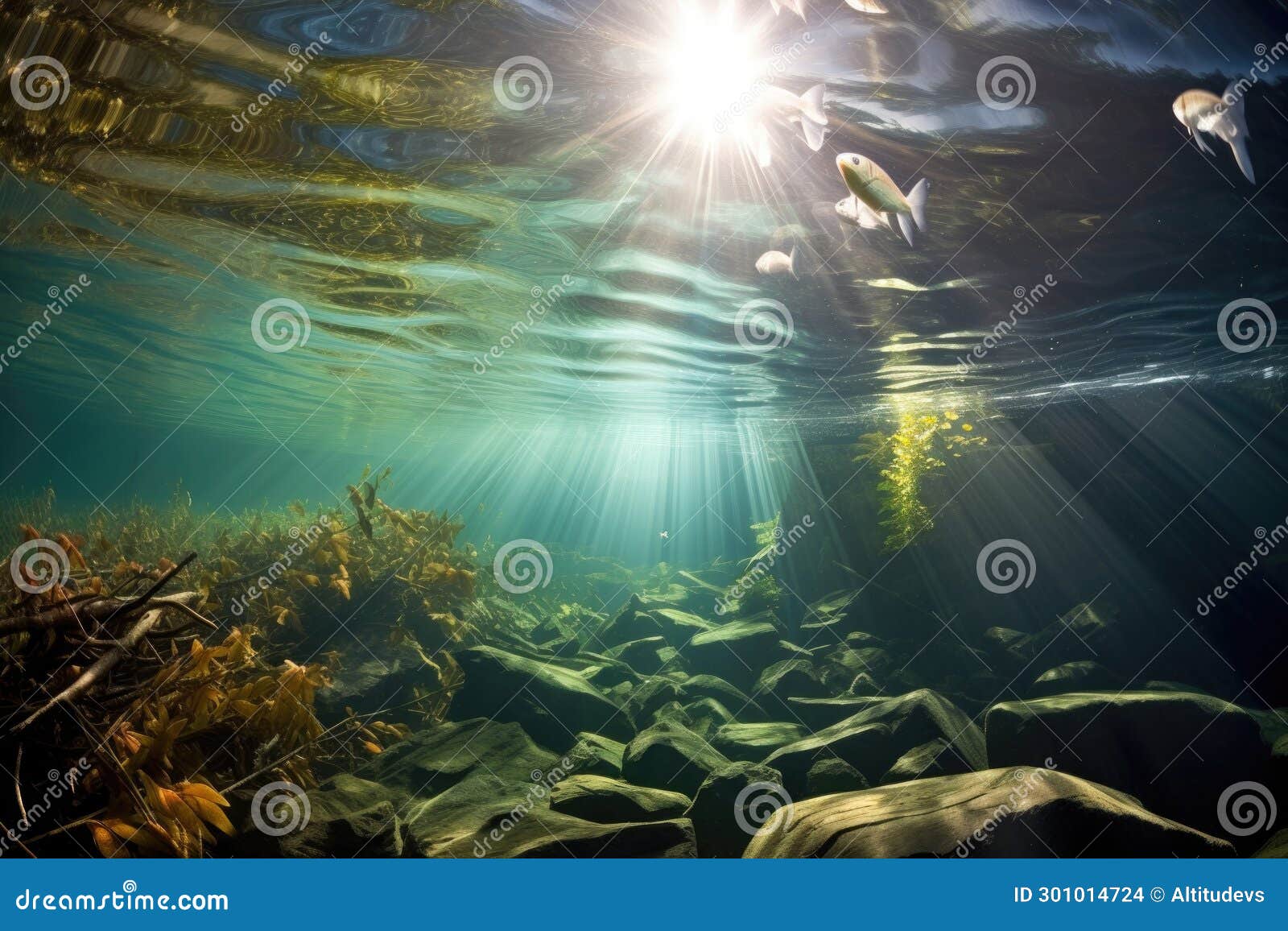 Sunrays Piercing through Water, Illuminating a School of Minnows Stock ...