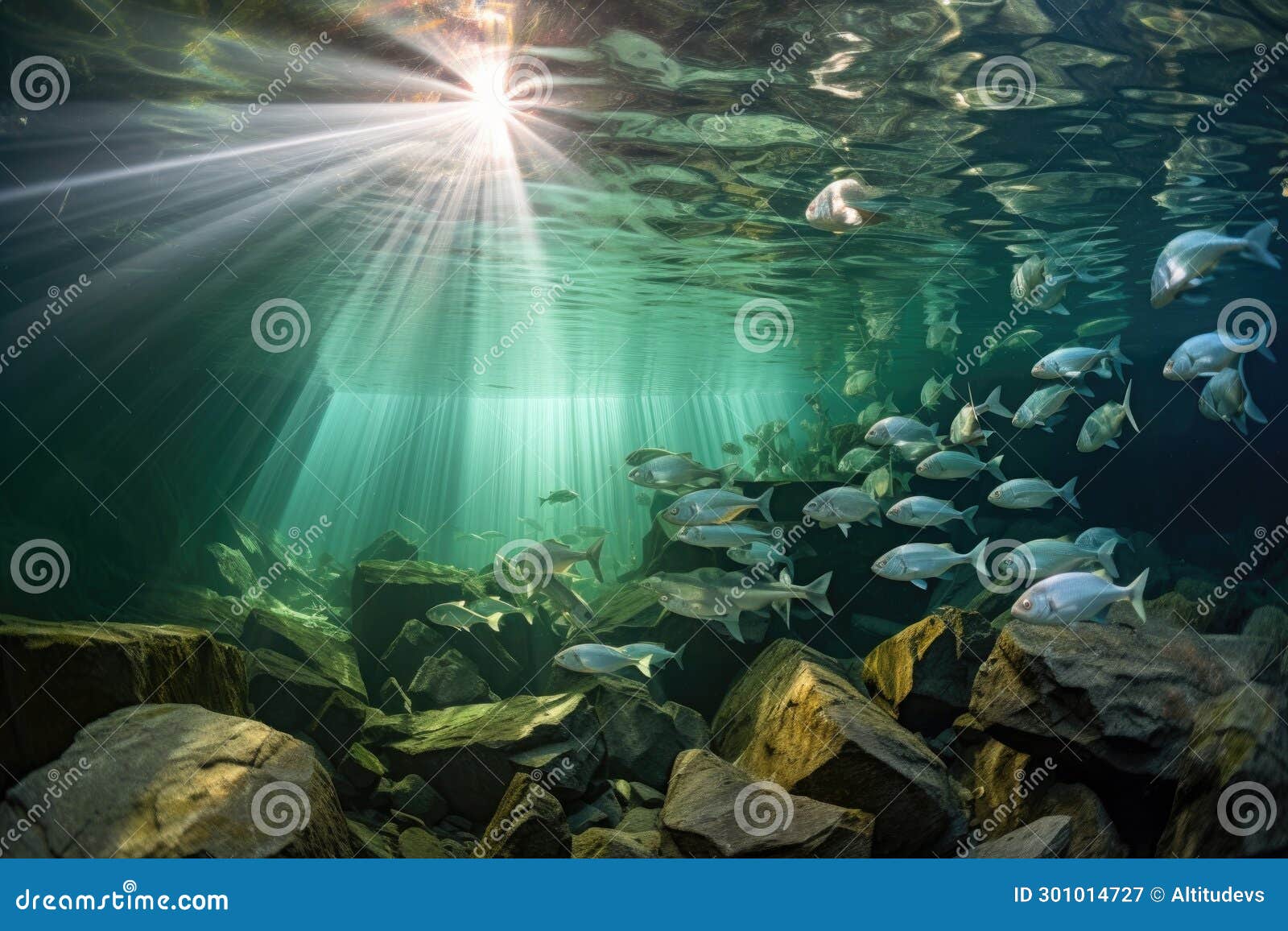 Sunrays Piercing through Water, Illuminating a School of Minnows Stock ...