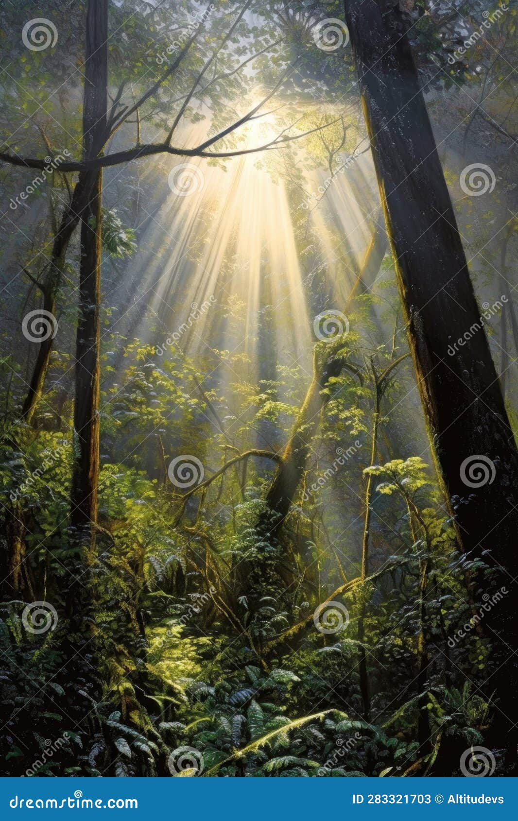 Sunrays Shining through a Dense Forest Canopy Stock Illustration ...