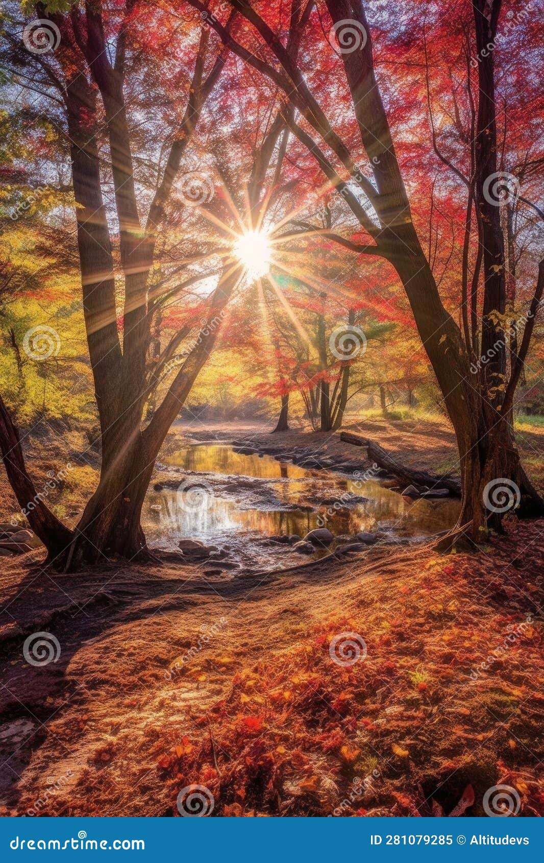 Sunrays Streaming through Vibrant Fall Foliage Stock Illustration ...