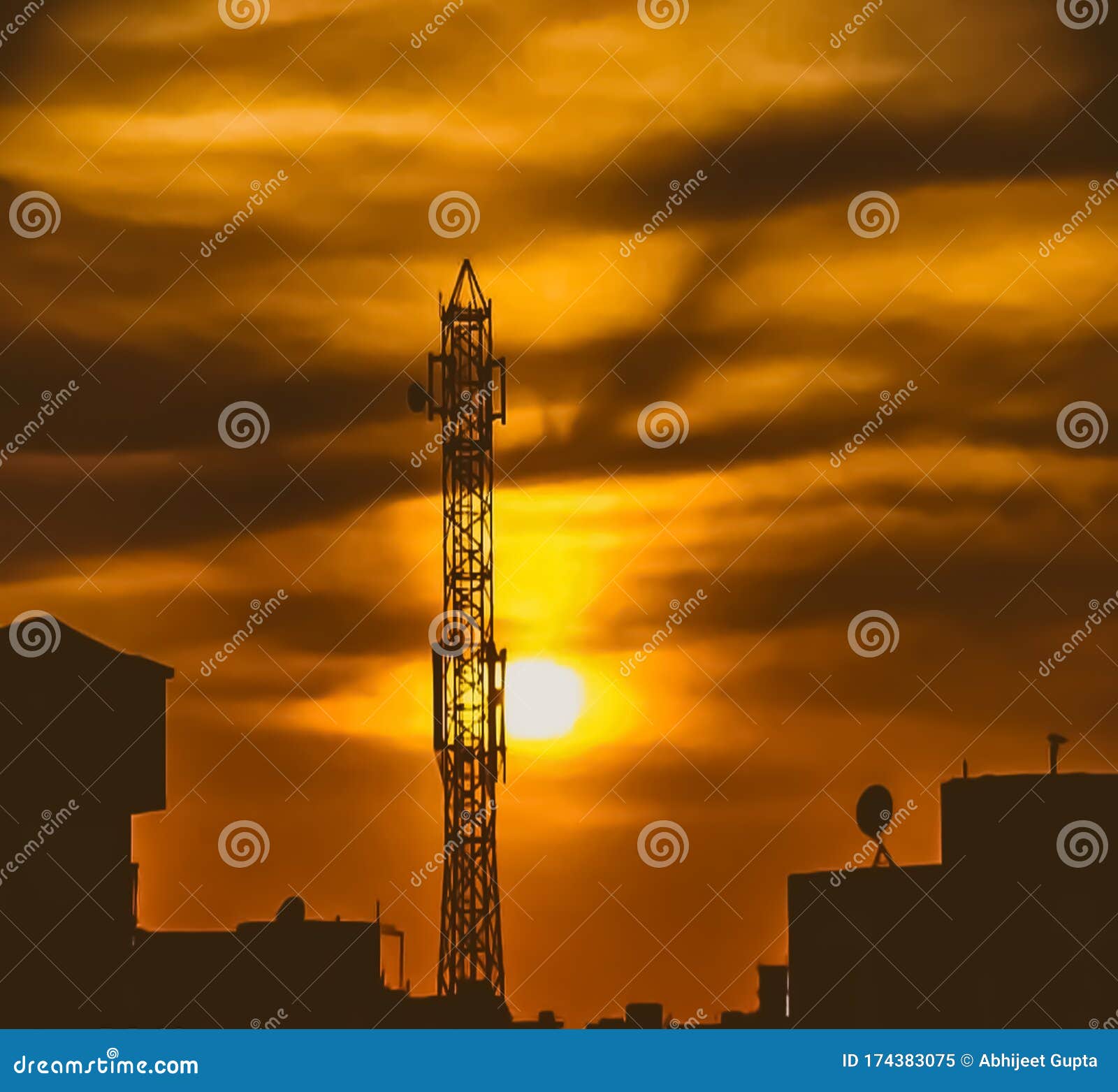 Sunrise Behind a Tower with Orange and Dark Backgound Editorial Image ...