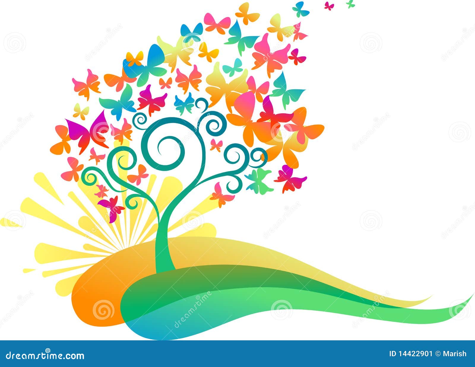 Sunrise Butterflies Tree Cartoon Vector | CartoonDealer.com #14422901