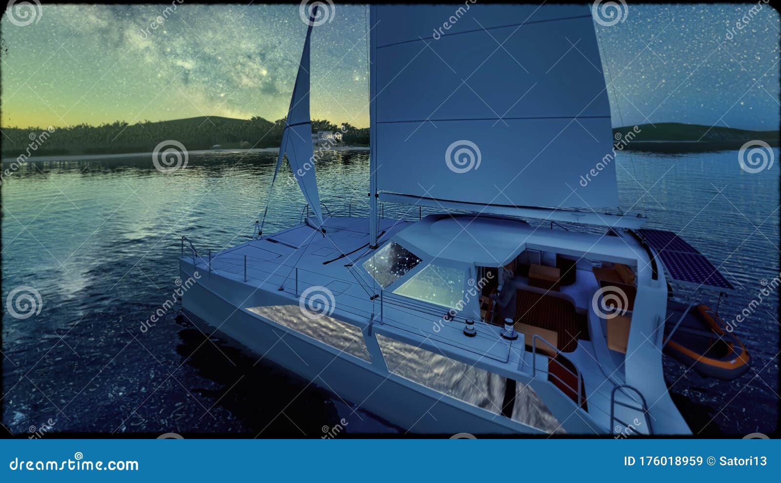 Sunrise in Caribbean with Catamaran in Front of View 3d Rendering Stock ...