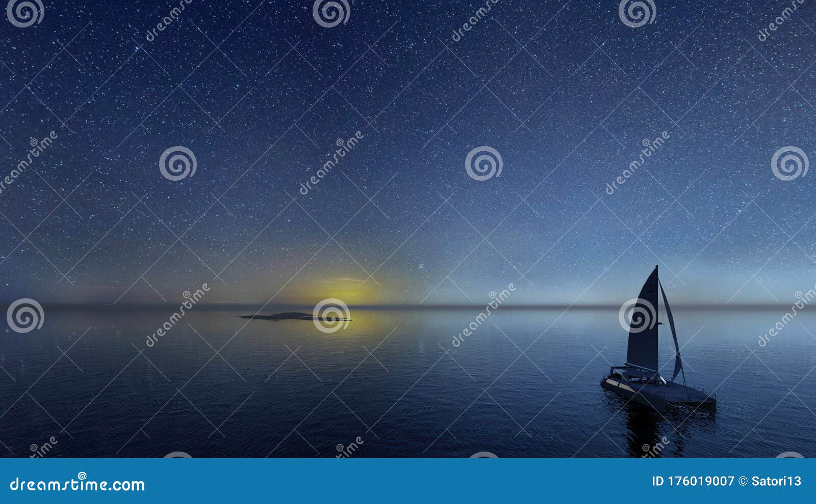 Sunrise in Caribbean with Catamaran in Front of View 3d Rendering Stock ...