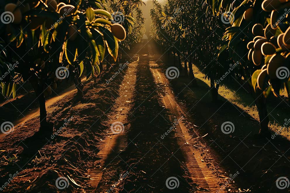 Sunrise Casting Long Shadows between Rows of Mango Trees Stock Photo ...
