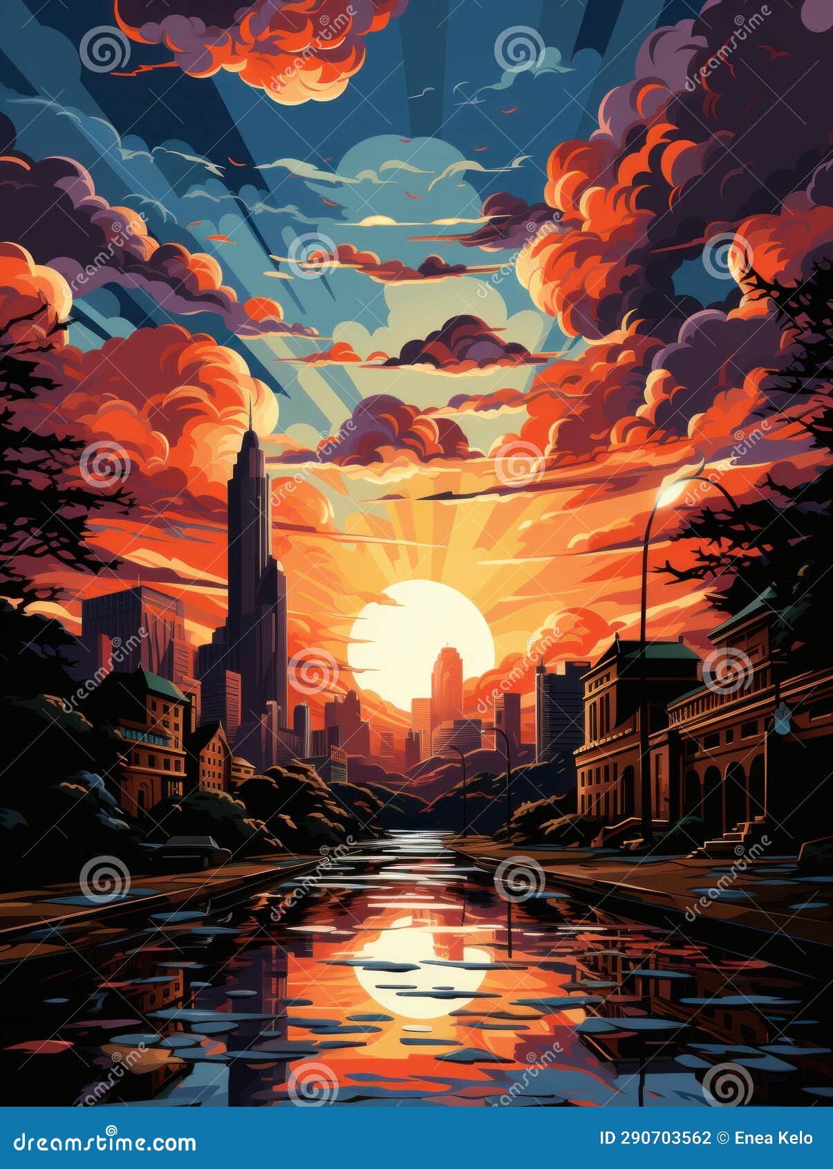 Pop Art Sunrise in the City Stock Illustration - Illustration of town ...