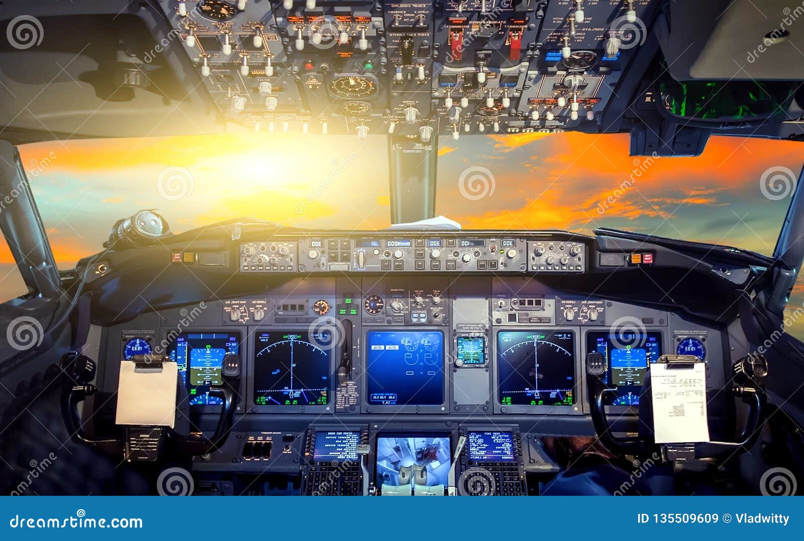 Sunrise Cockpit Flight Deck Stock Image - Image of flight, machinery ...