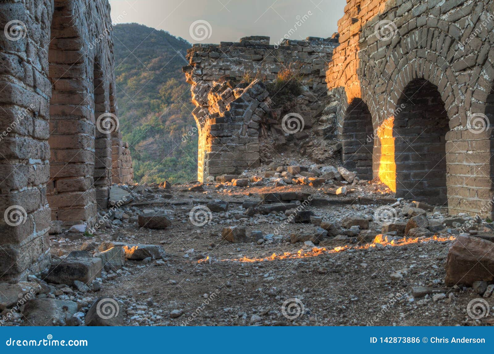 Sunrise in a Crumbling Guard Tower on the Great Wall of China Stock ...