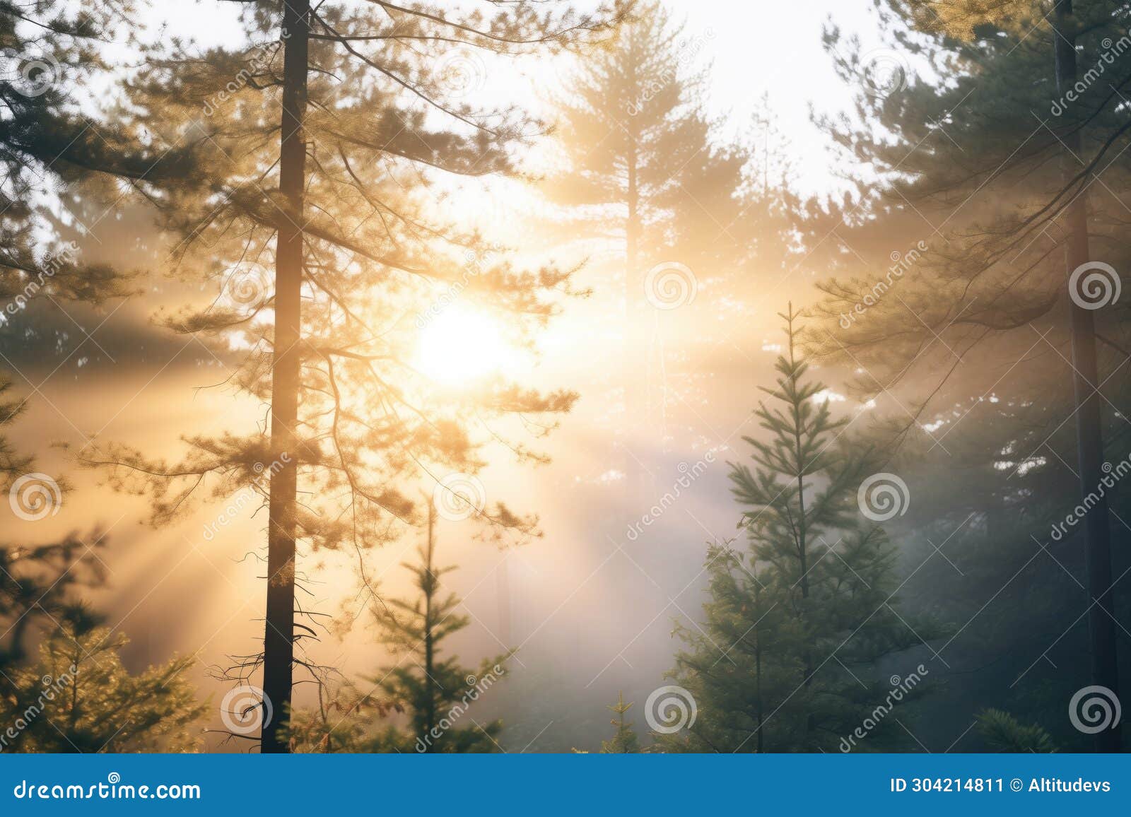 Sunrise through Dense Pine Trees, Light Rays Piercing the Fog Stock ...