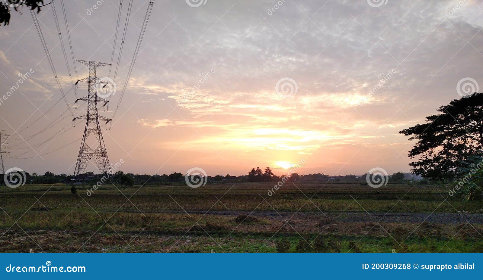 Sunrise and electric tower stock photo. Image of electric - 200309268