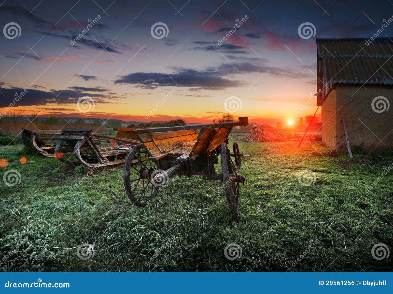 Sunrise on the farm. stock photo. Image of dray, orange - 29561256
