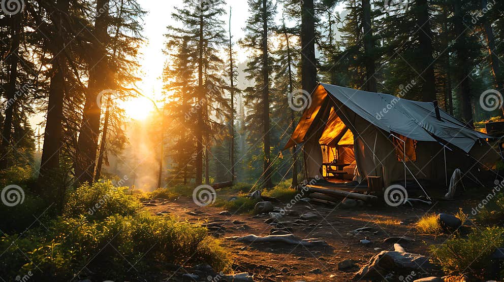 Sunrise at Forest Campsite. Created with Generative AI Stock ...