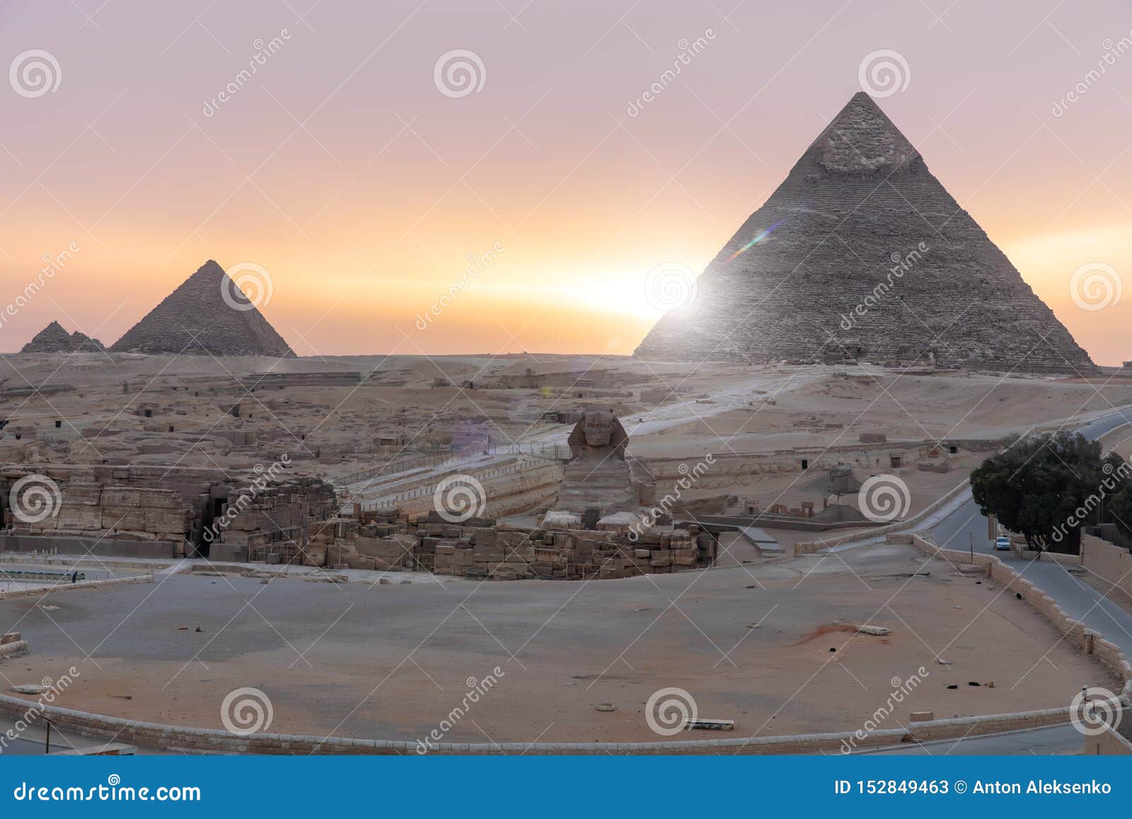 Sunrise in Giza: View on the Sphinx and the Pyramids Stock Image ...
