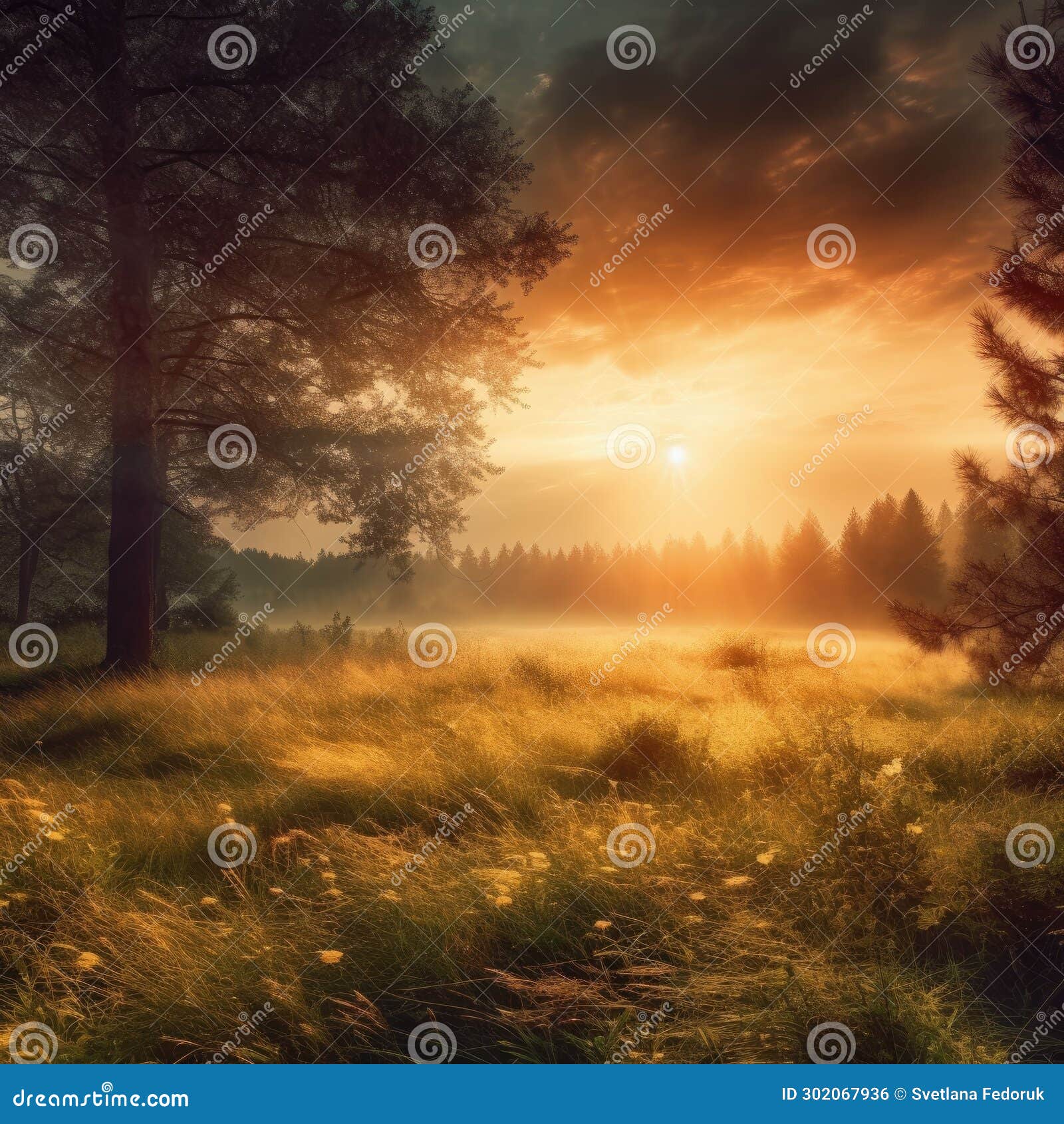 Sunrise in the forest path stock illustration. Illustration of mist ...
