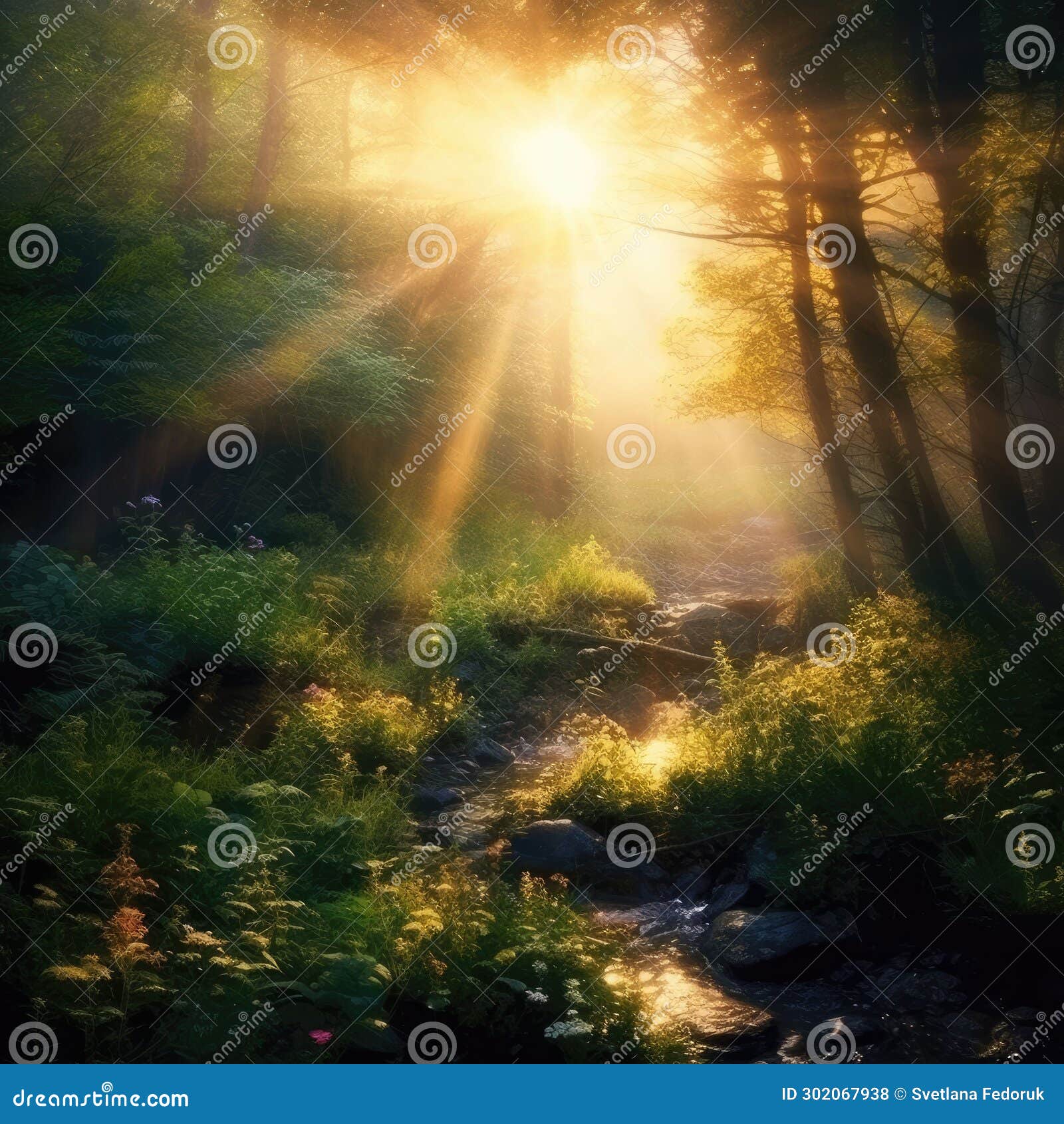 Sunrise in the forest path stock illustration. Illustration of nature ...