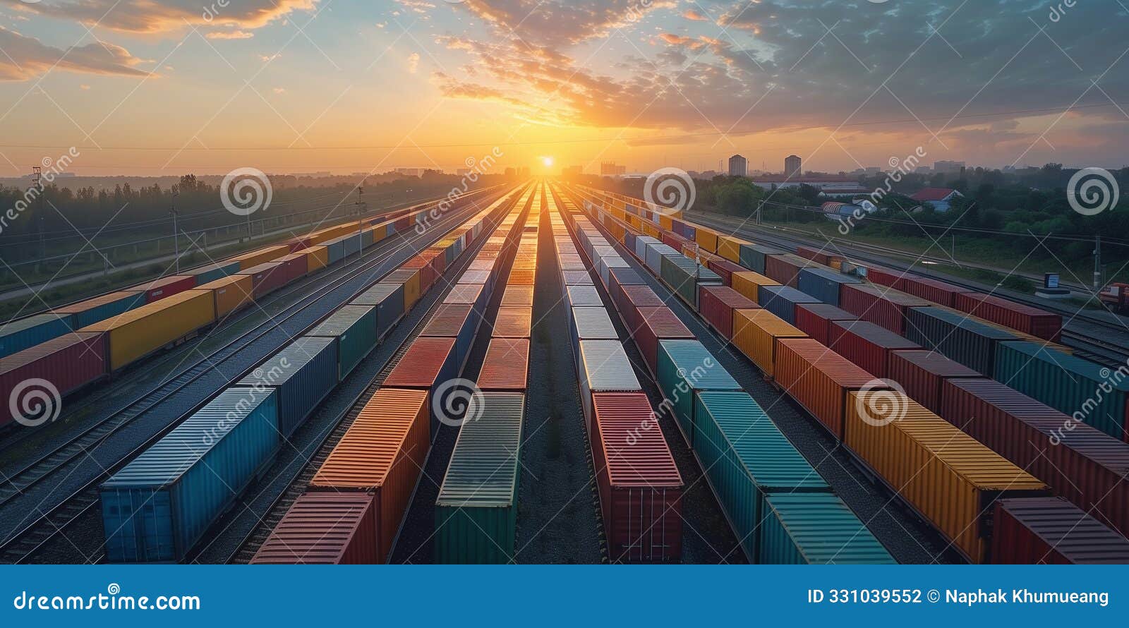 Sunrise Illuminates A Rail Freight Terminal, Casting Golden Light On ...