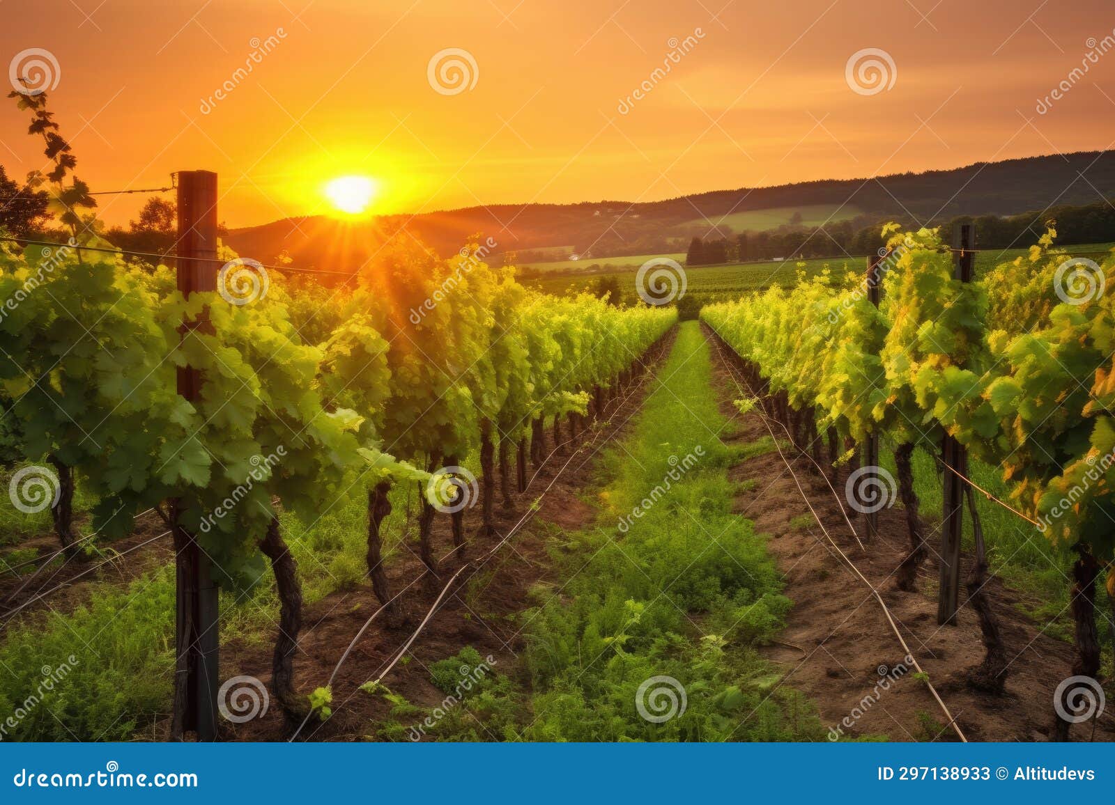 Sunrise Illuminating Rows of Grape Vines Stock Image - Image of scenic ...