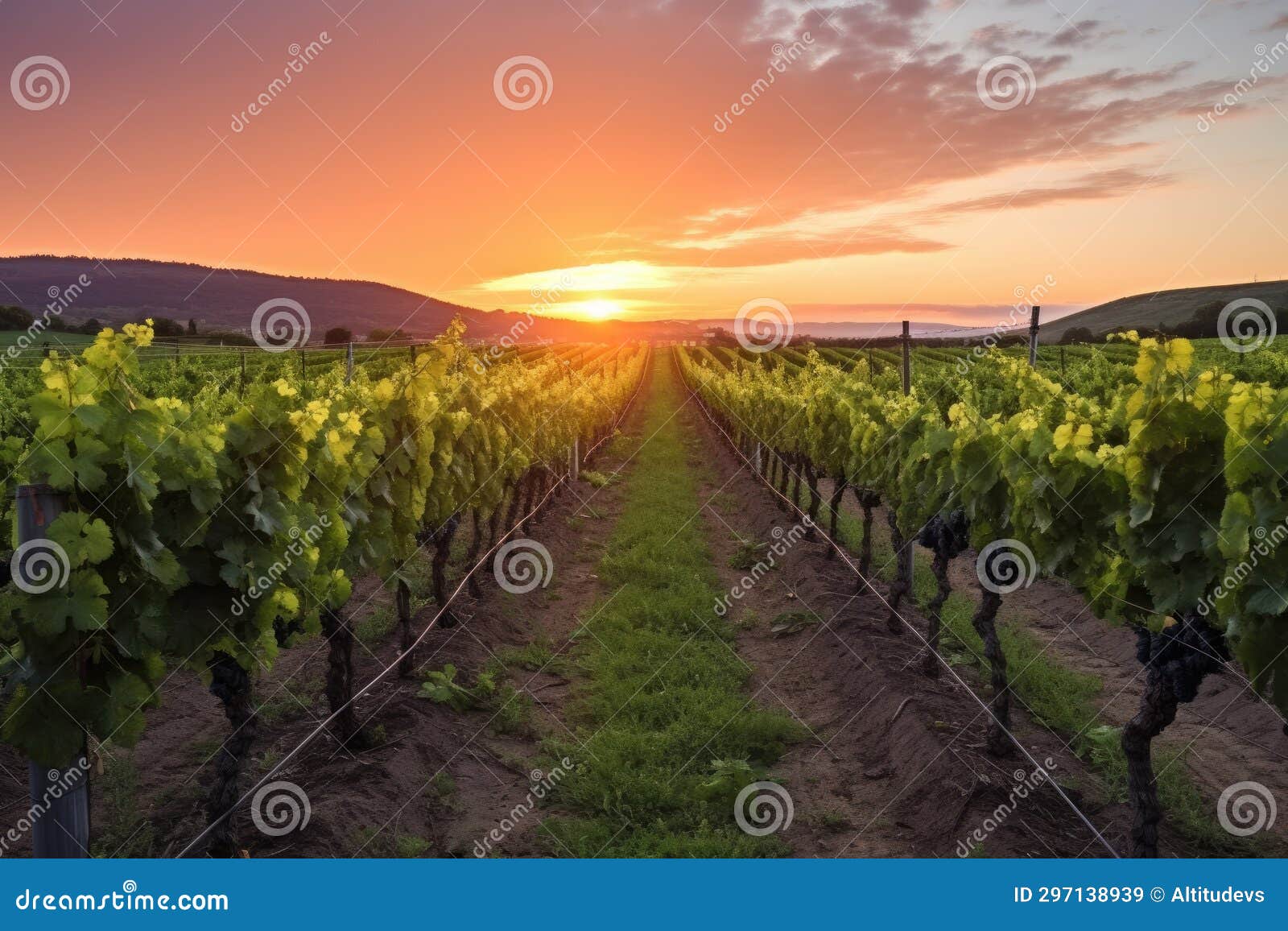 Sunrise Illuminating Rows of Grape Vines Stock Image - Image of light ...