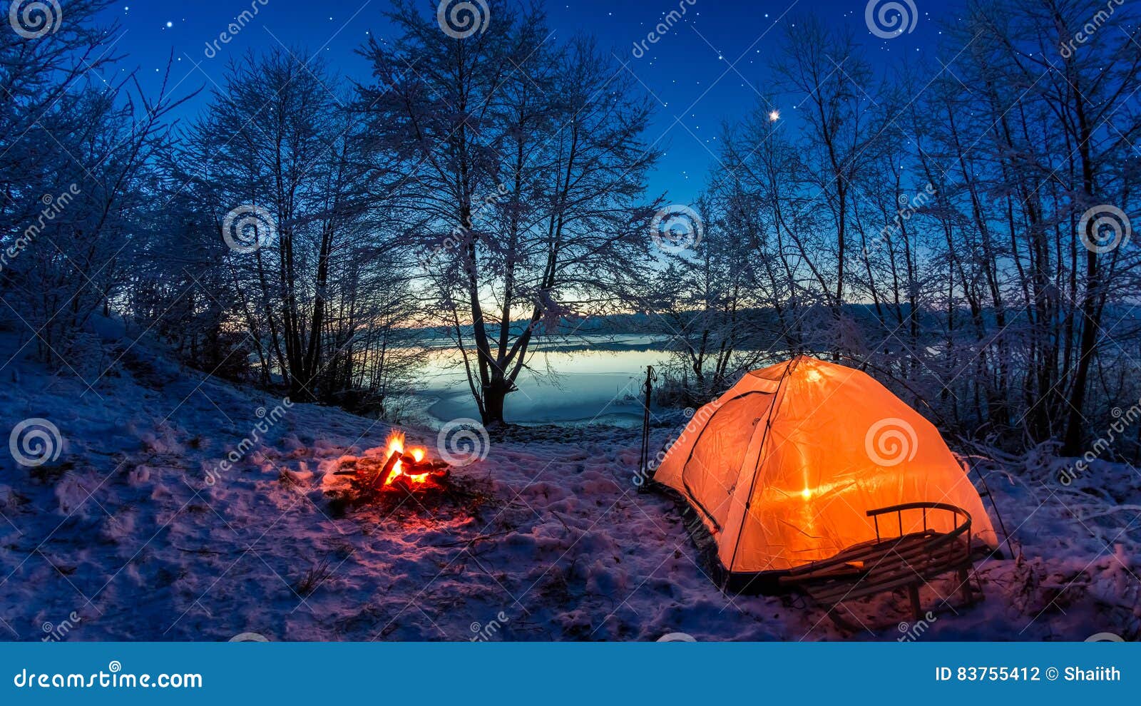 Sunrise Lake Covered with Snow at Dusk in Winter Stock Photo - Image of ...