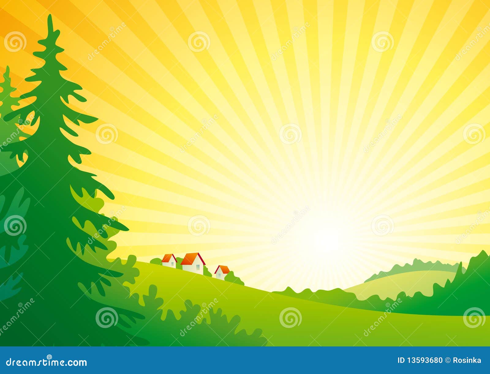 Sunrise In The Hills And Lonely Tree Cartoon Vector | CartoonDealer.com ...