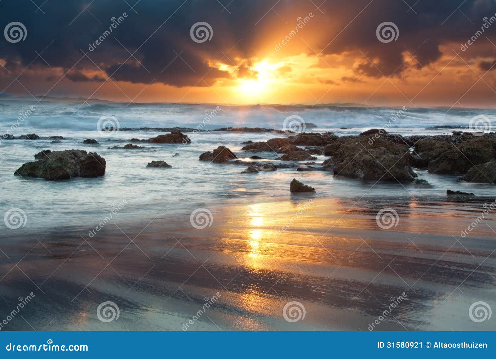 Sunrise Landscape of Ocean with Waves Clouds and Rocks Stock Image ...