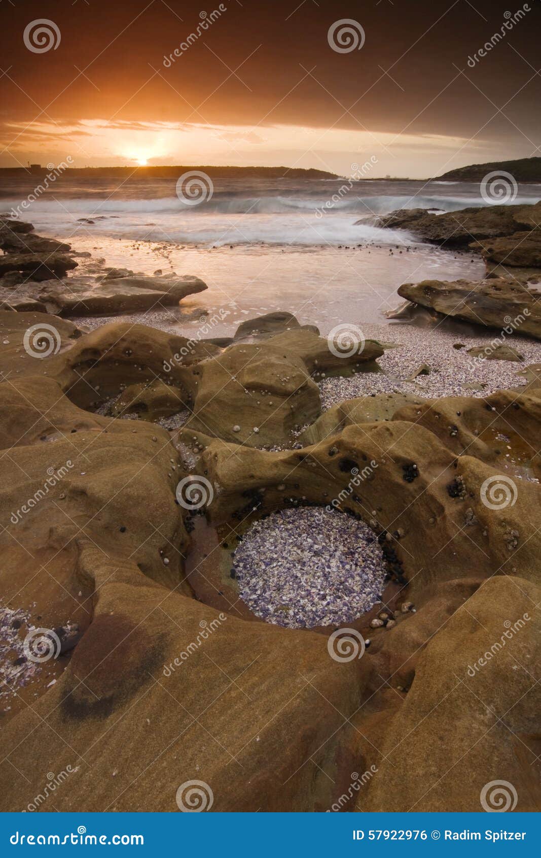 Sunrise Landscape of Ocean with Waves Clouds and Rocks Stock Photo ...