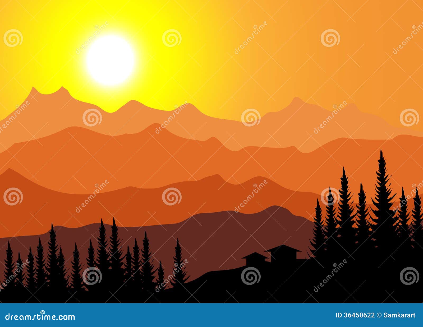 Sunrise on Mountain stock vector. Illustration of tree - 36450622