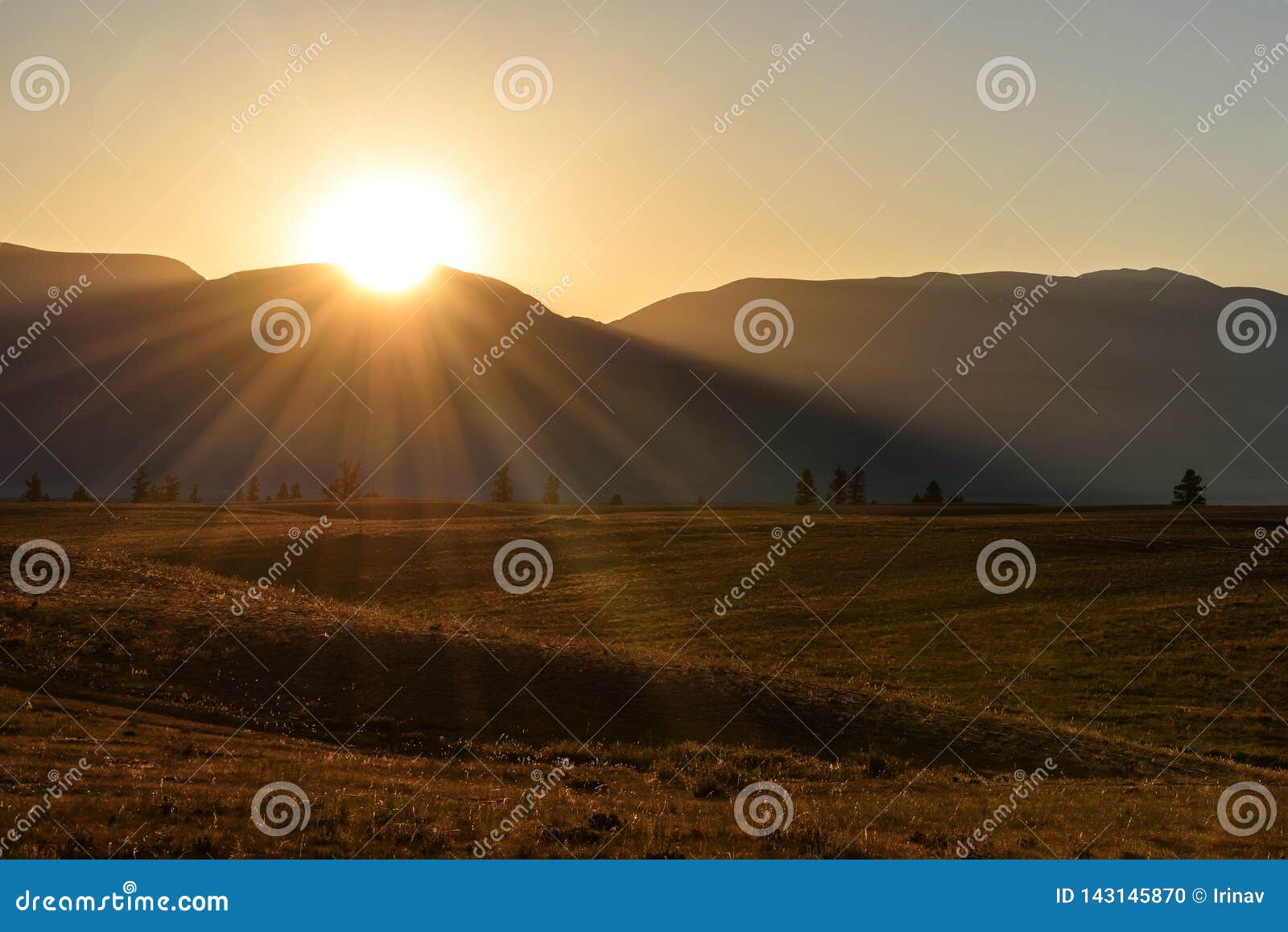 Sunrise Mountains Sun Steppe Trees Stock Photo - Image of highlands ...