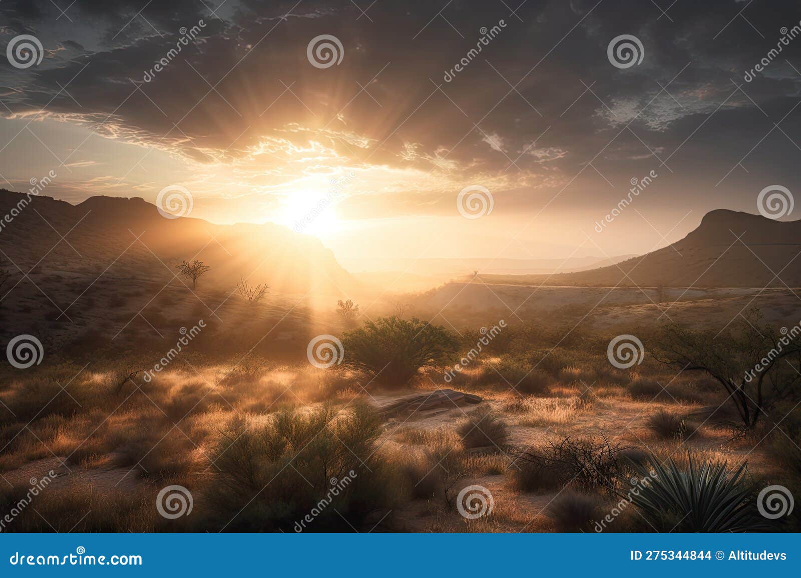 Sunrise Over Desert Landscape, with Rays of Light Shining through ...