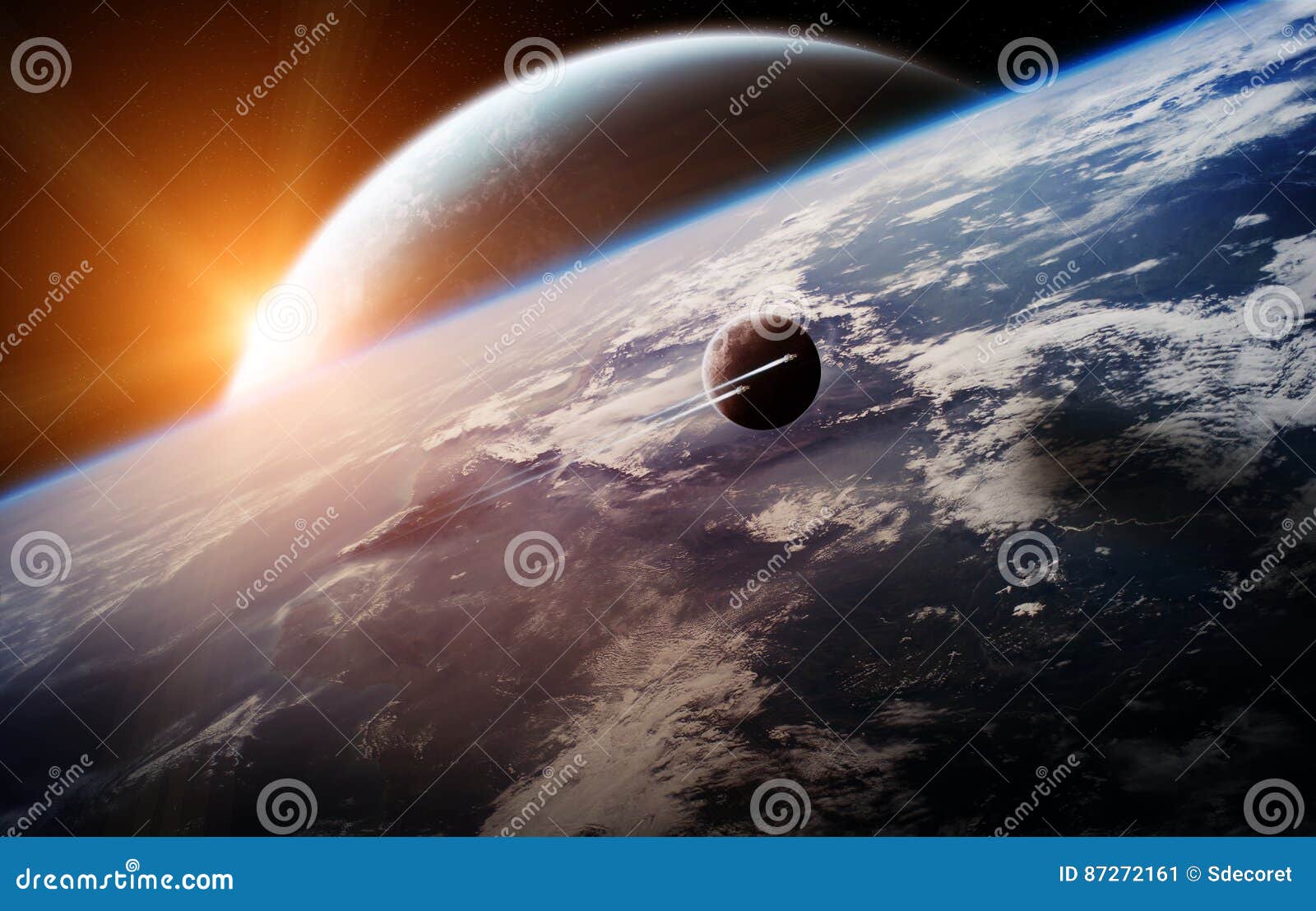 Sunrise Over Distant Planet System in Space 3D Rendering Element Stock ...