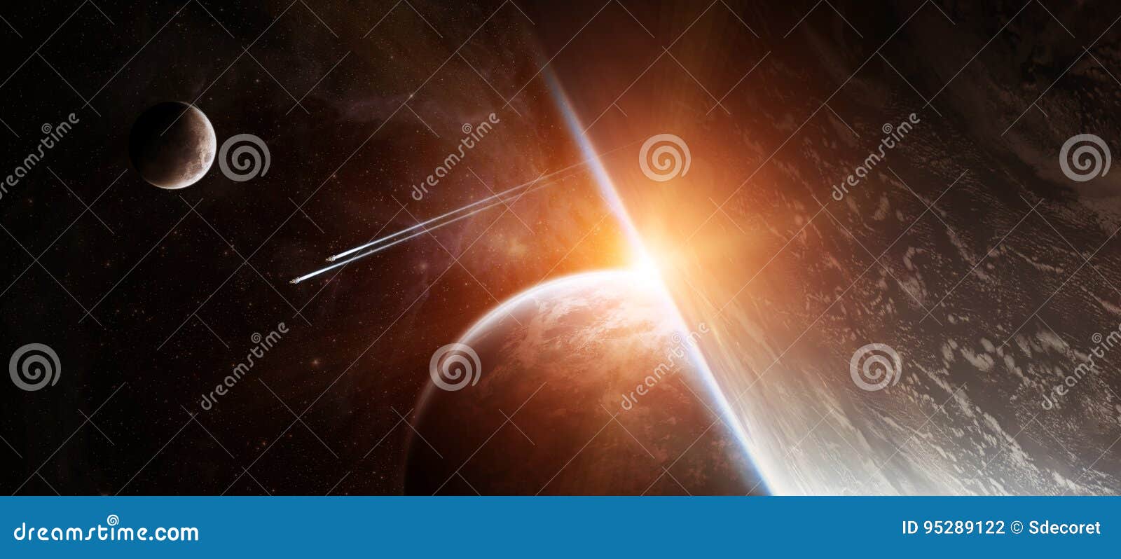 Sunrise Over Distant Planet System in Space 3D Rendering Element Stock ...