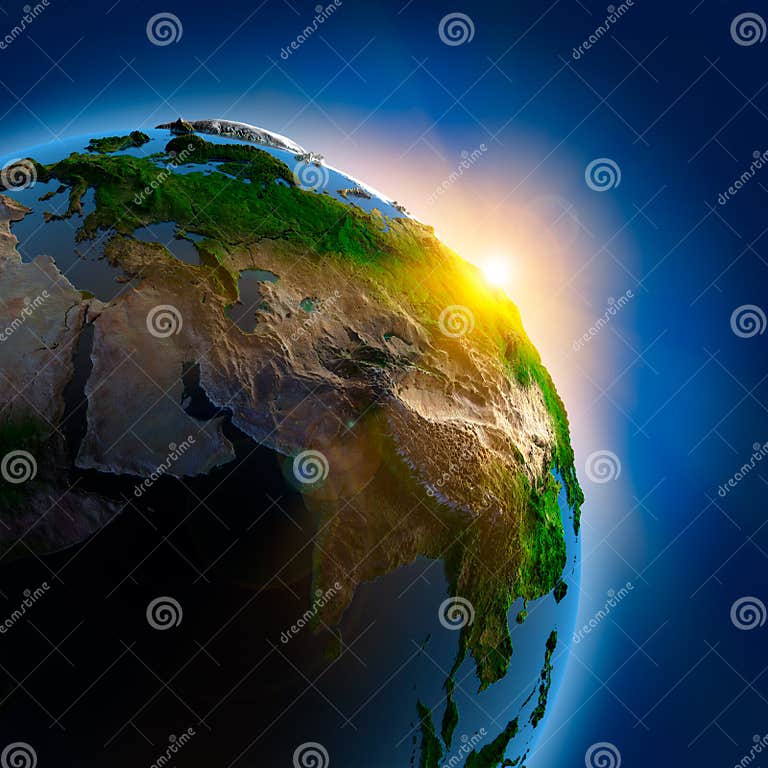 Sunrise Over the Earth in Outer Stock Illustration - Illustration of ...