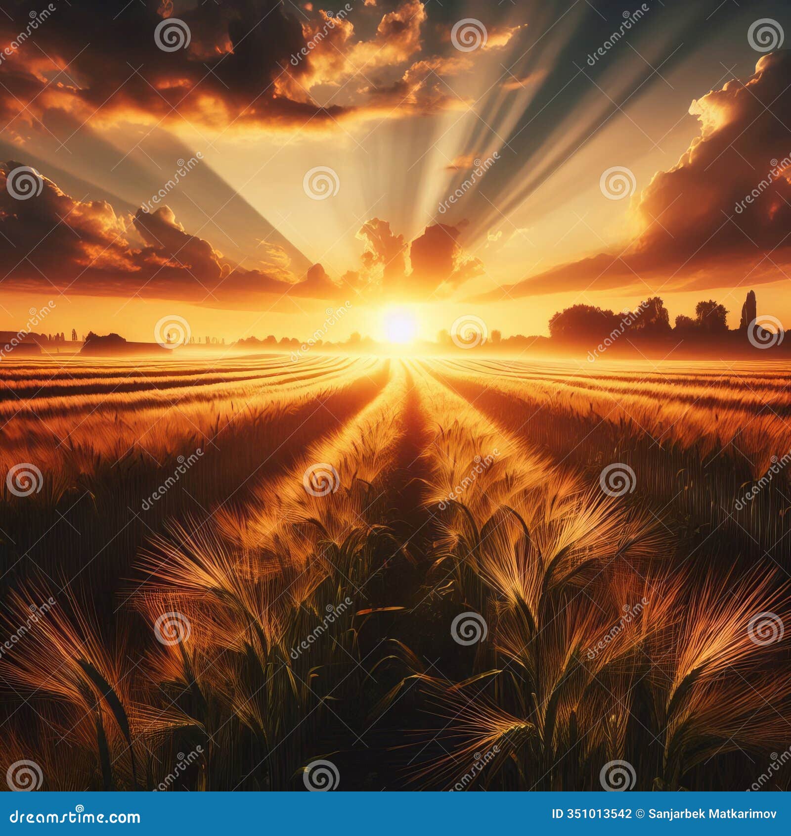 Sunrise Over Fields Focus on Light Rays Using Varied Line Thickn Stock ...