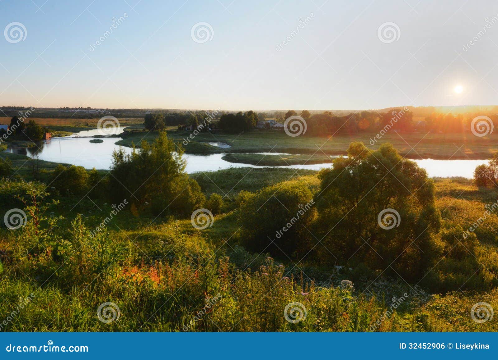 Sunrise Over Fields and River Stock Photo - Image of beautiful, shine ...