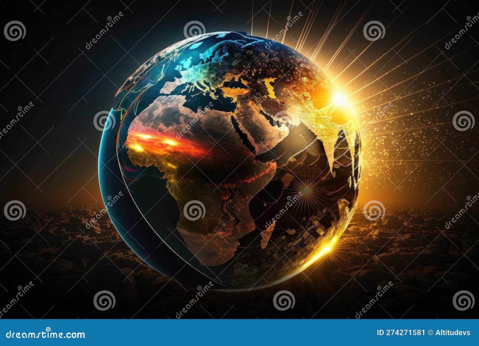 A Sunrise Over a Globe, with Rays of Light Illuminating the Different ...