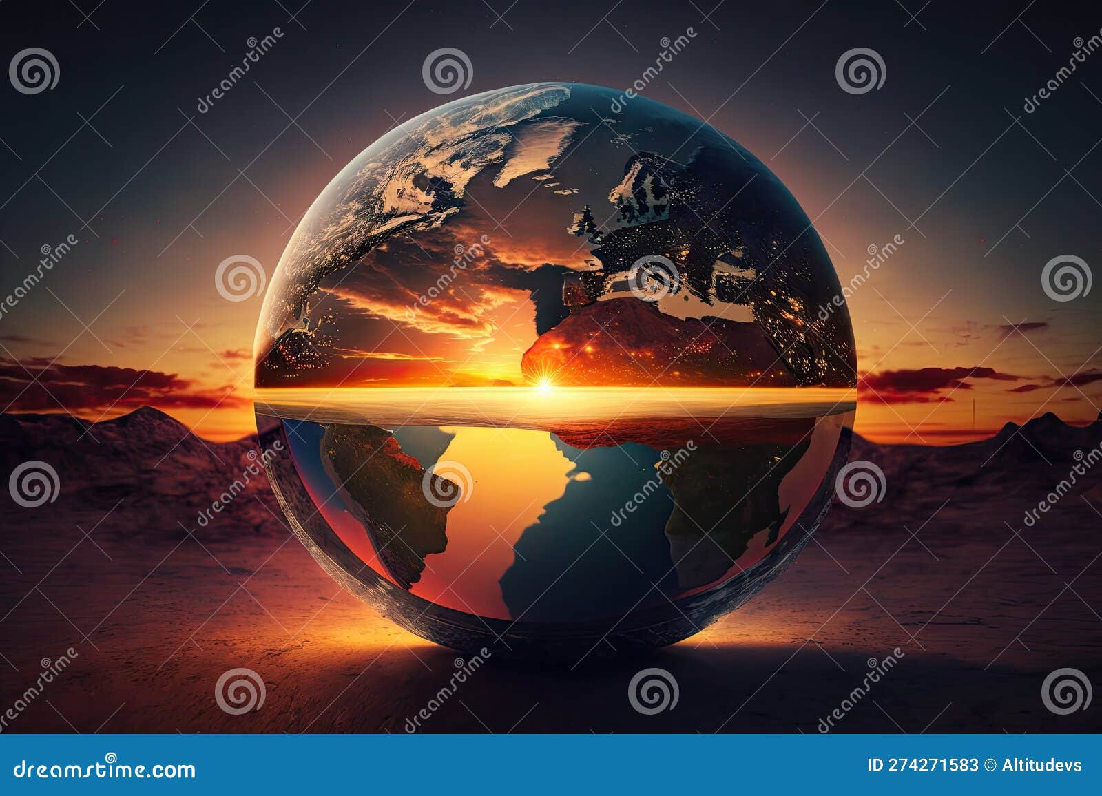 A Sunrise Over a Globe, with Rays of Light Illuminating the Different ...