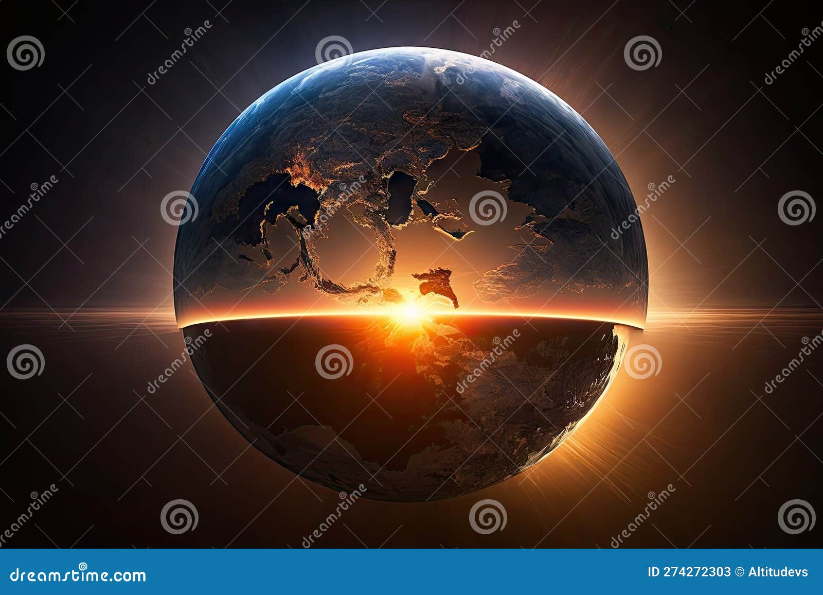 A Sunrise Over a Globe, with Rays of Light Spreading Out Across the ...