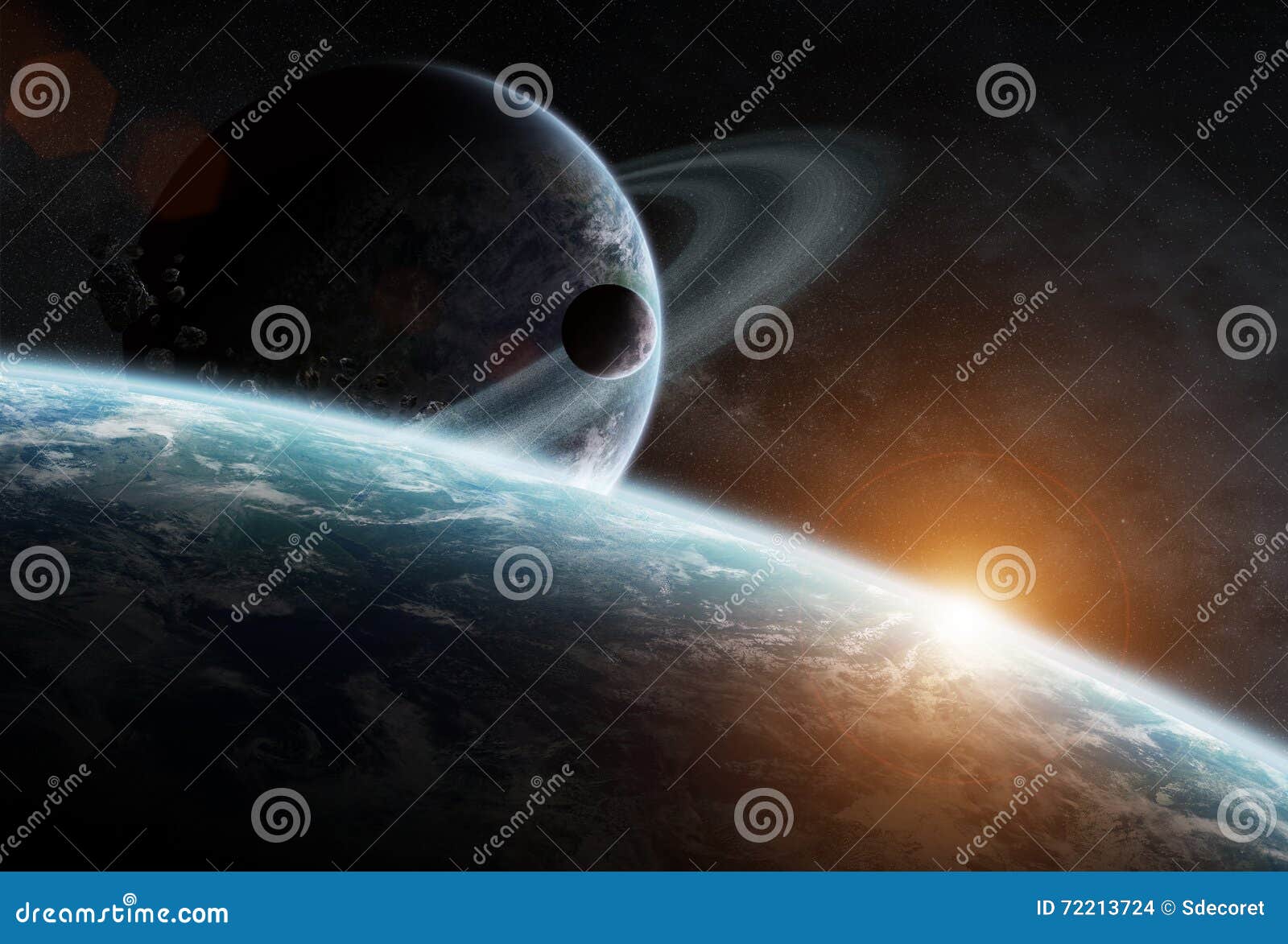 Sunrise Over Group of Planets in Space Stock Illustration ...