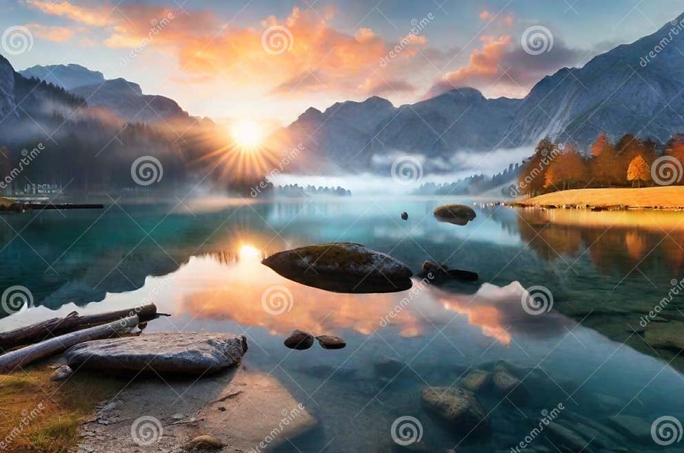 Sunrise Over the Hintersee Lake Stock Illustration - Illustration of ...