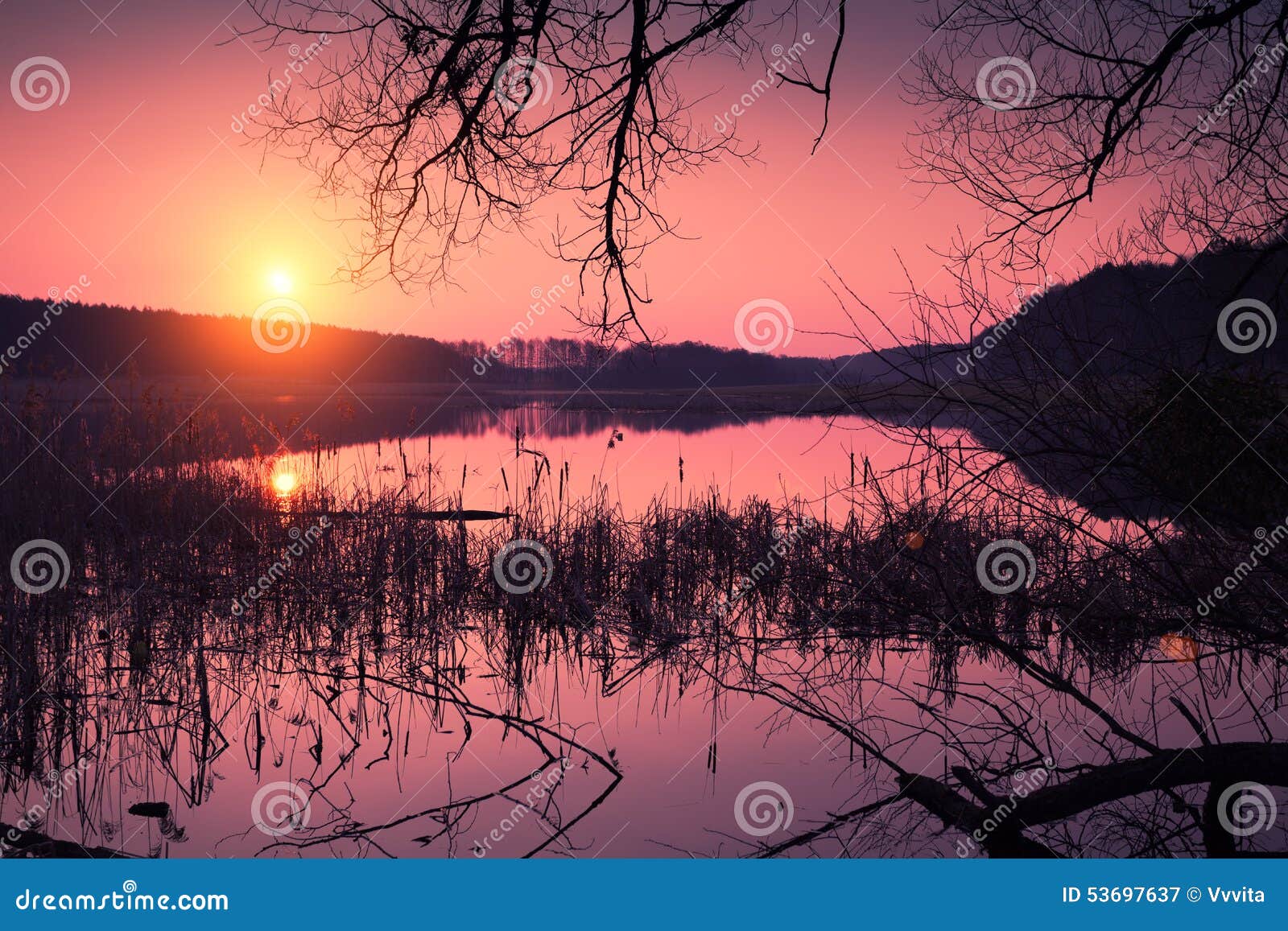 Sunrise over lake stock image. Image of beautiful, brook - 53697637