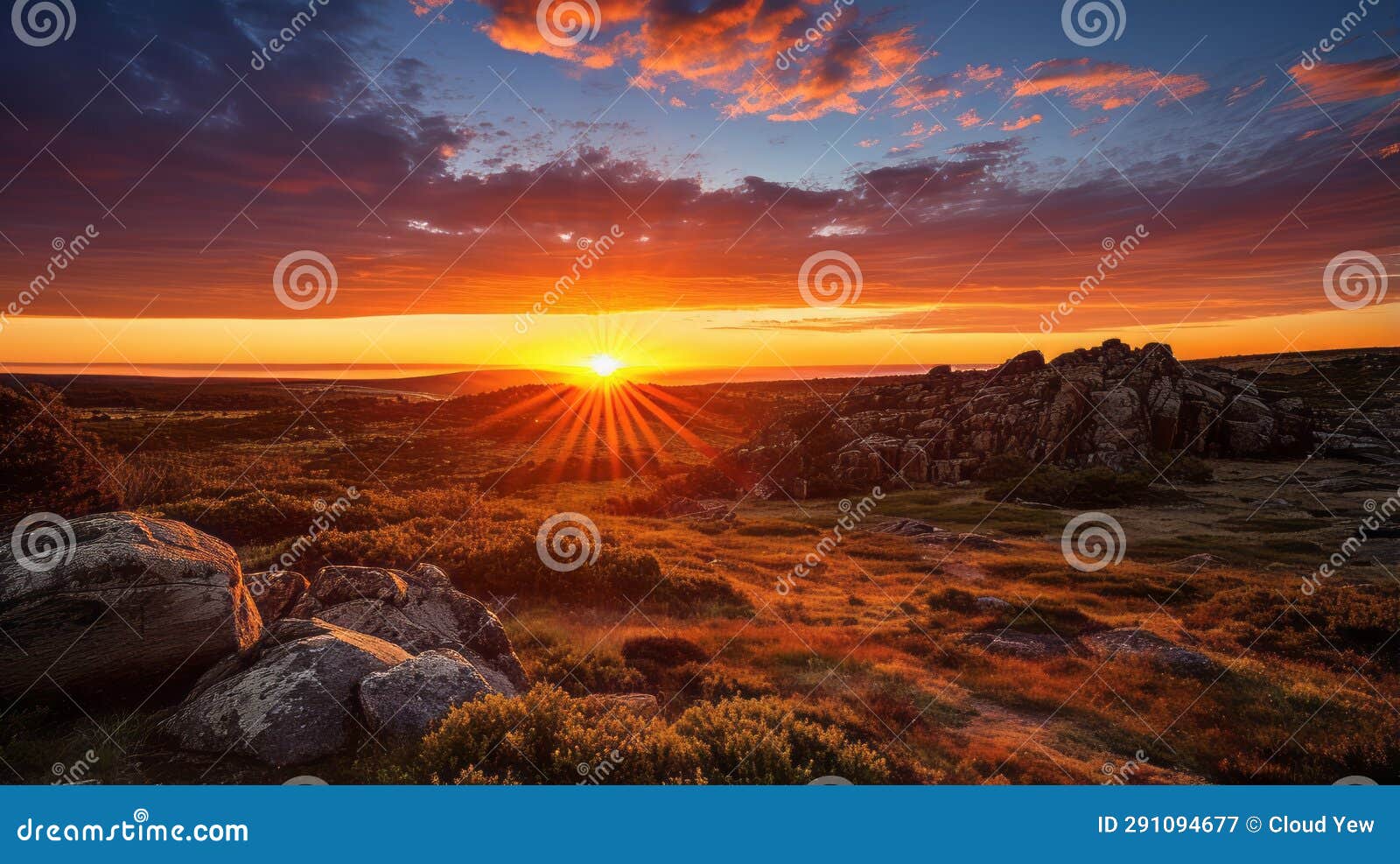 Sunrise Over Land with Prehistoric Life Stock Illustration ...